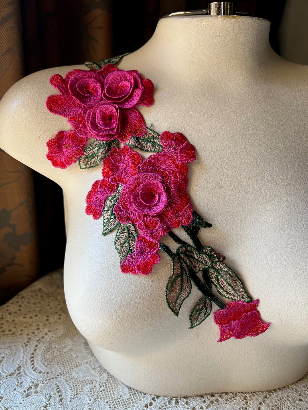 FUCHSIA & RED Rose Applique 3D Lace for Lyrical Dance, Garments ...