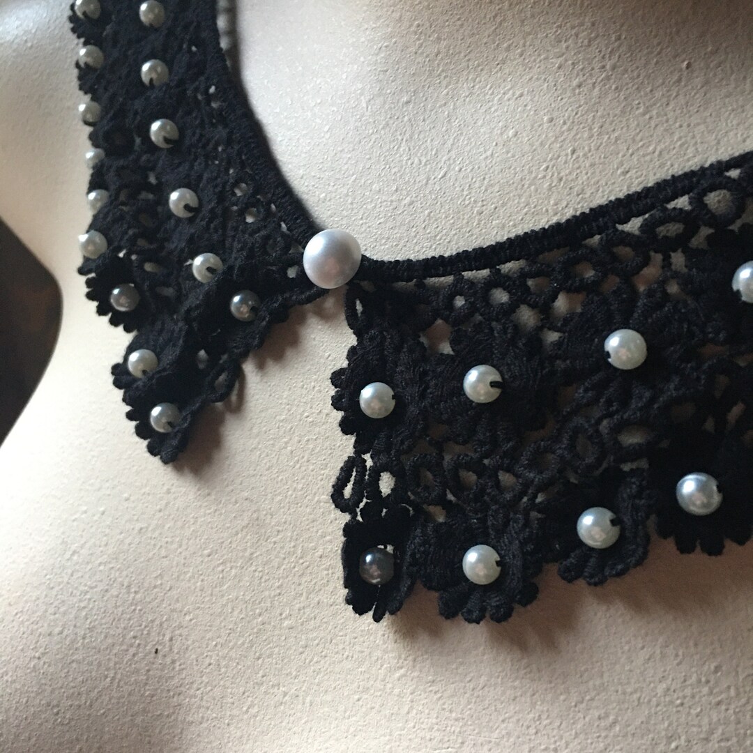 BLACK Lace Collar RBG Applique Pair Pearls Venise Lace for Lolita ...