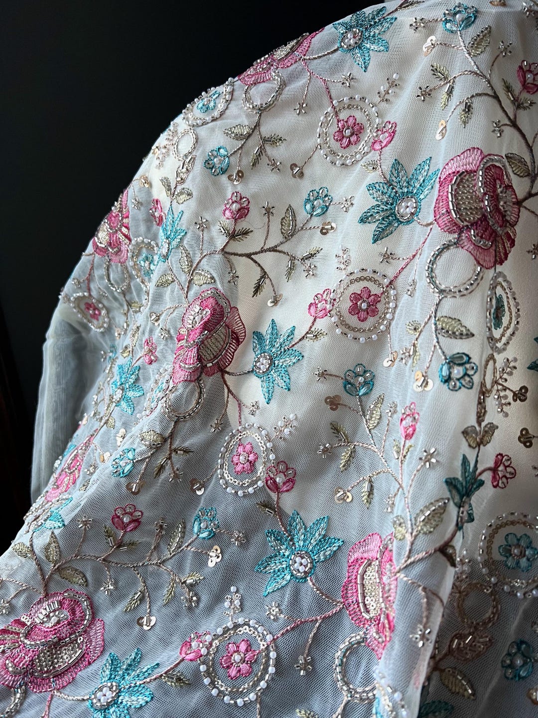 Fat Quarter Pink Aqua Beaded Double NET Fabric Embroidered FQ102 - Etsy