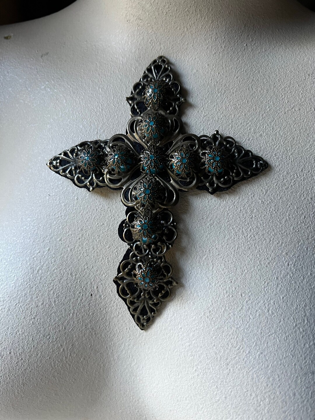 Bronze & Turquoise Beaded Cross Metal Applique for Garments, Lyrical ...