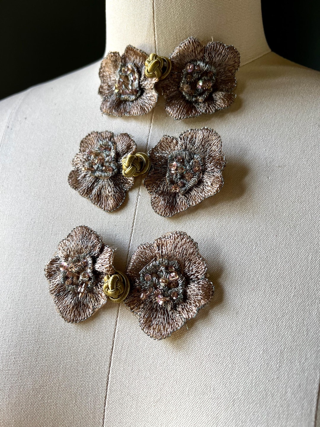 3 Gold BEADED Frog Closures Chinese Brocade Buttons: Garments, Costumes ...