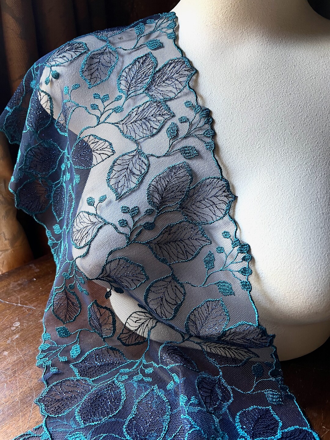 TEAL Lace Embroidered LEAVES Lace for Lingerie, Garments, Costumes CL ...