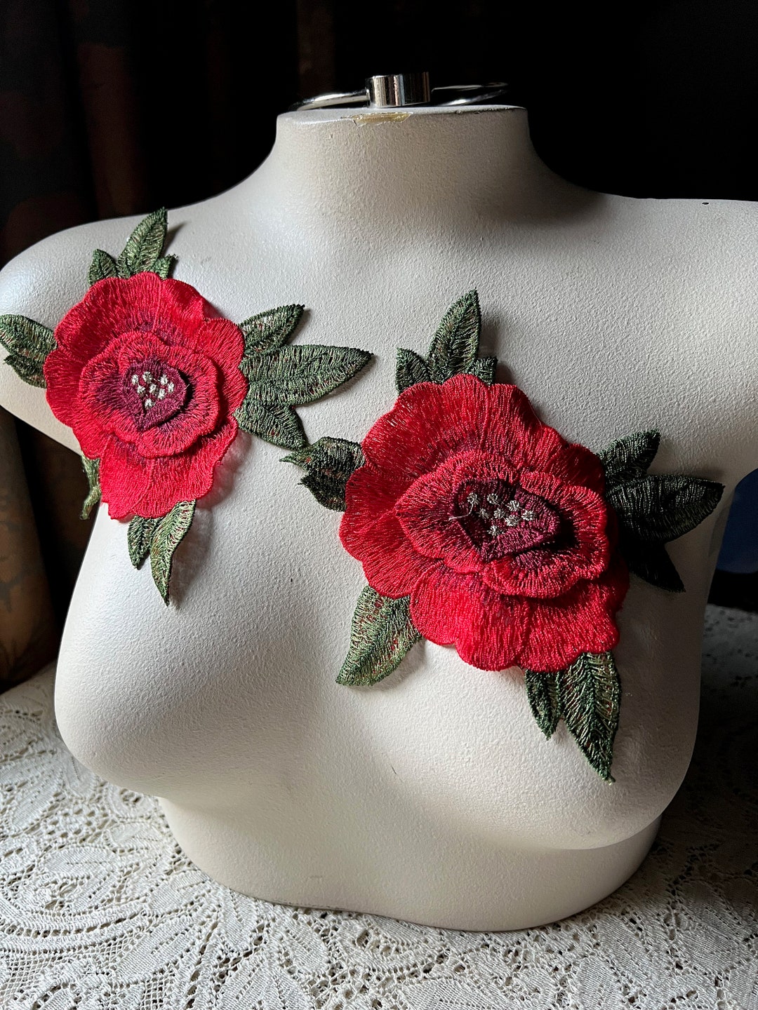 2 RED Rose 3D Appliques Lace Appliques for Lyrical, Ballet Dance, Boho ...