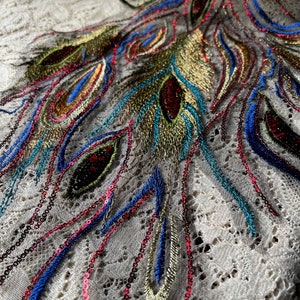 Multicolor Peacock Feather Applique: Embroidered Sequin Lace (27" Long ...