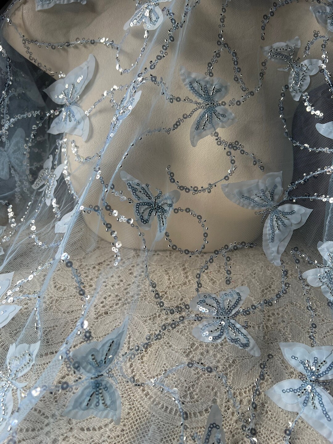 BLUE BUTTERFLY 3D Fabric Embroidered Beaded Fabric for Veils, Capes ...
