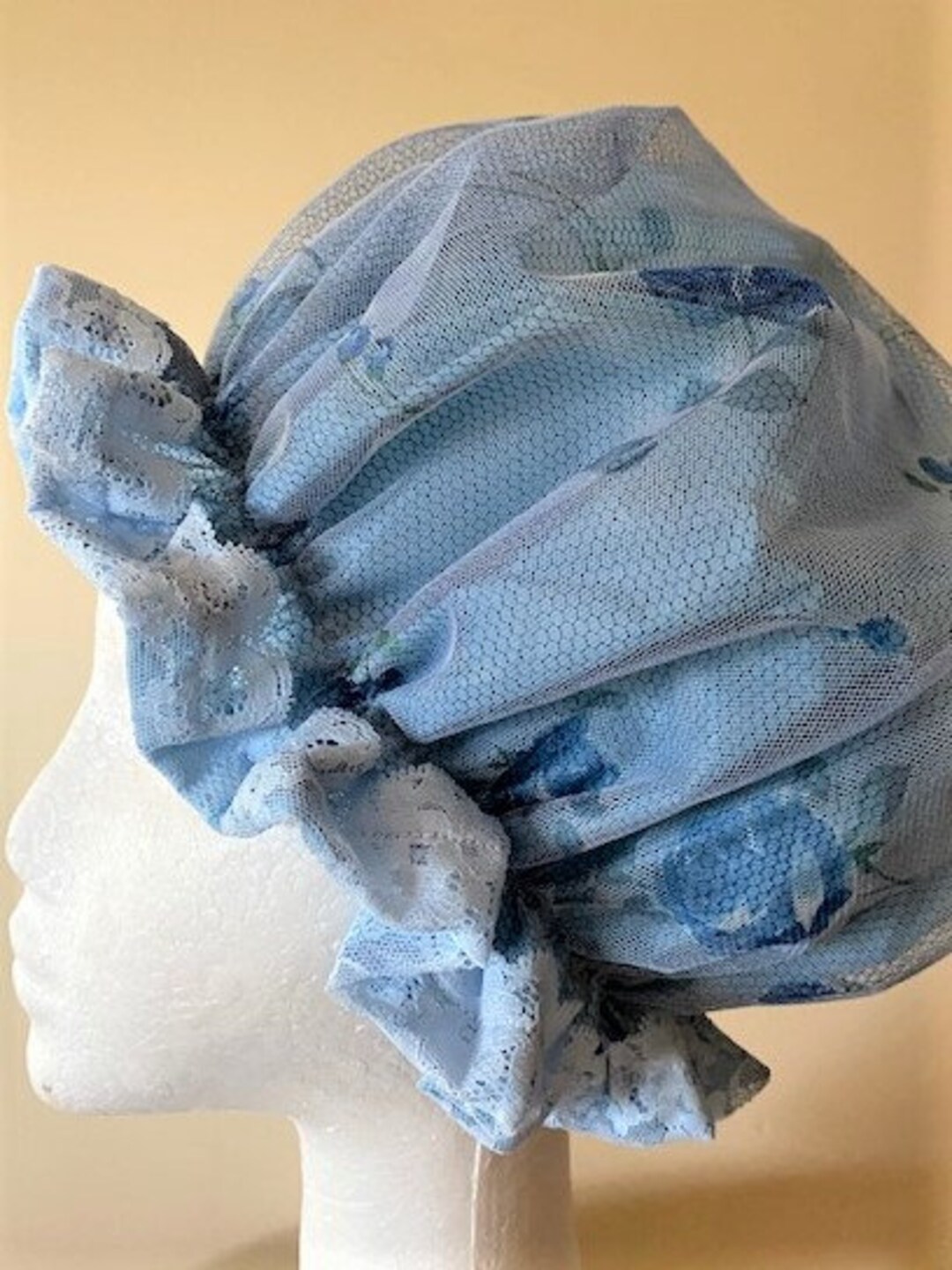 SHOWER CAP BLUE Floral and Lace Trim Luxury 3 Layers - Etsy