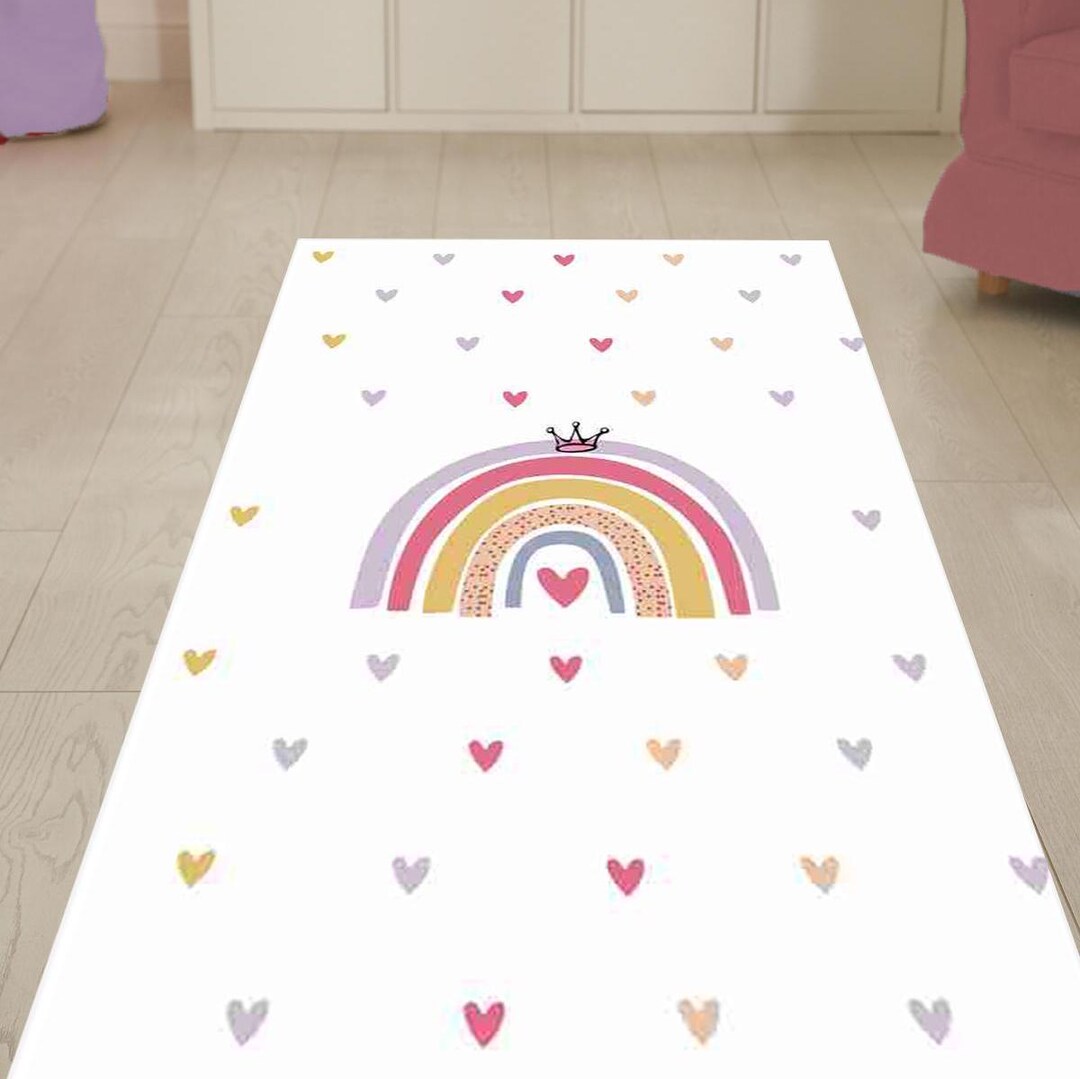 Heart and Queen Crown Rainbow Kids Rug Rainbow Rug Kids Play Mat Modern ...