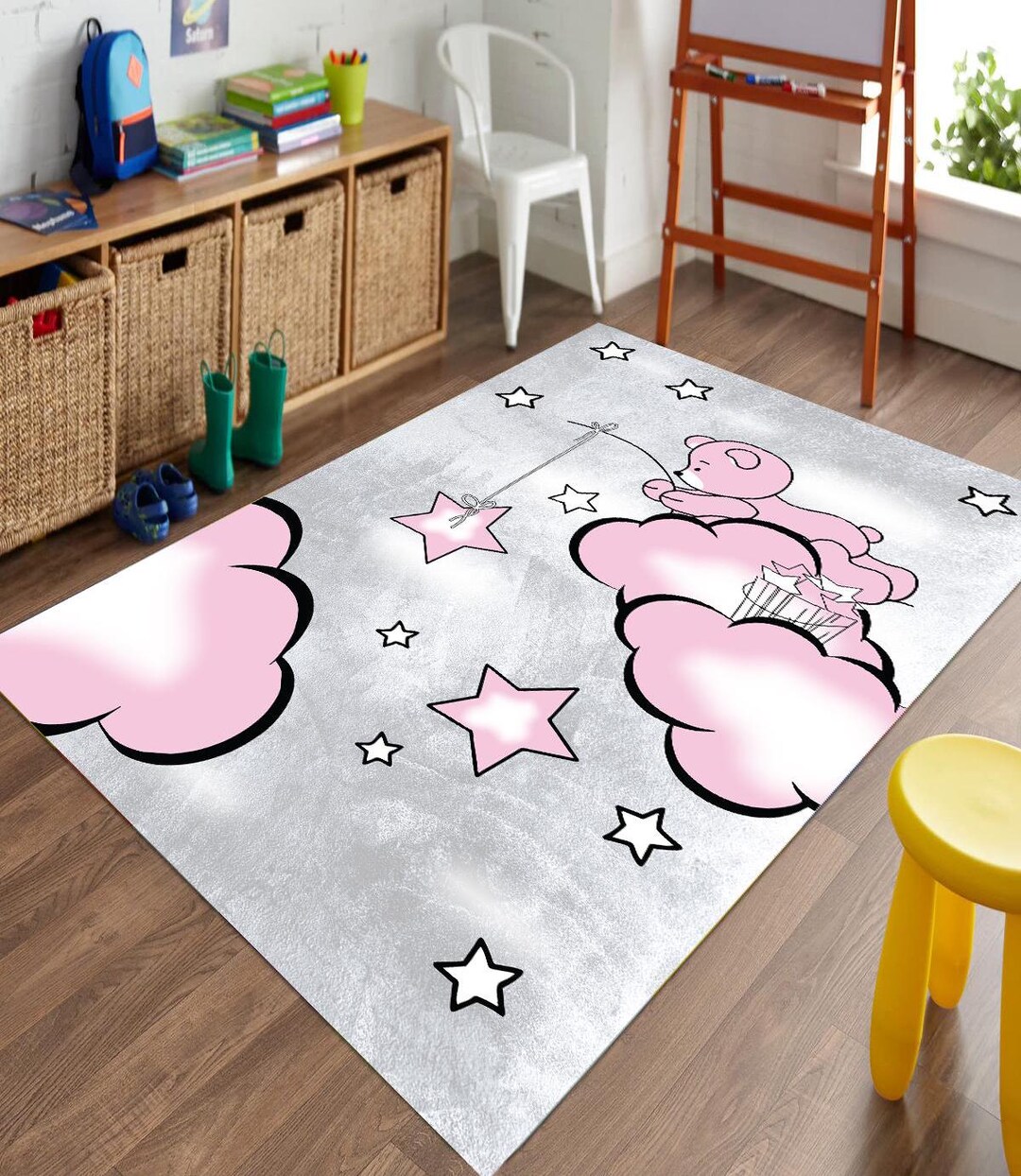 Teddy Bear Clouds and Stars Themed Kids Rug | Kids Play Mat | Modern ...