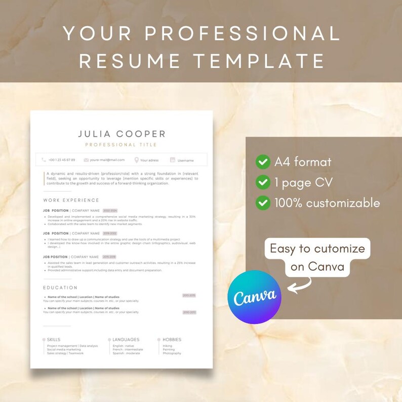 Canva Professional Resume Template, Elegant and Classy Design Cv ...