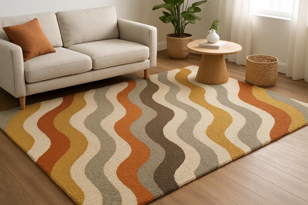 Retro Wavy Pattern Area Rug – Hand-tufted Wool Modern Carpet | Warm Mid ...
