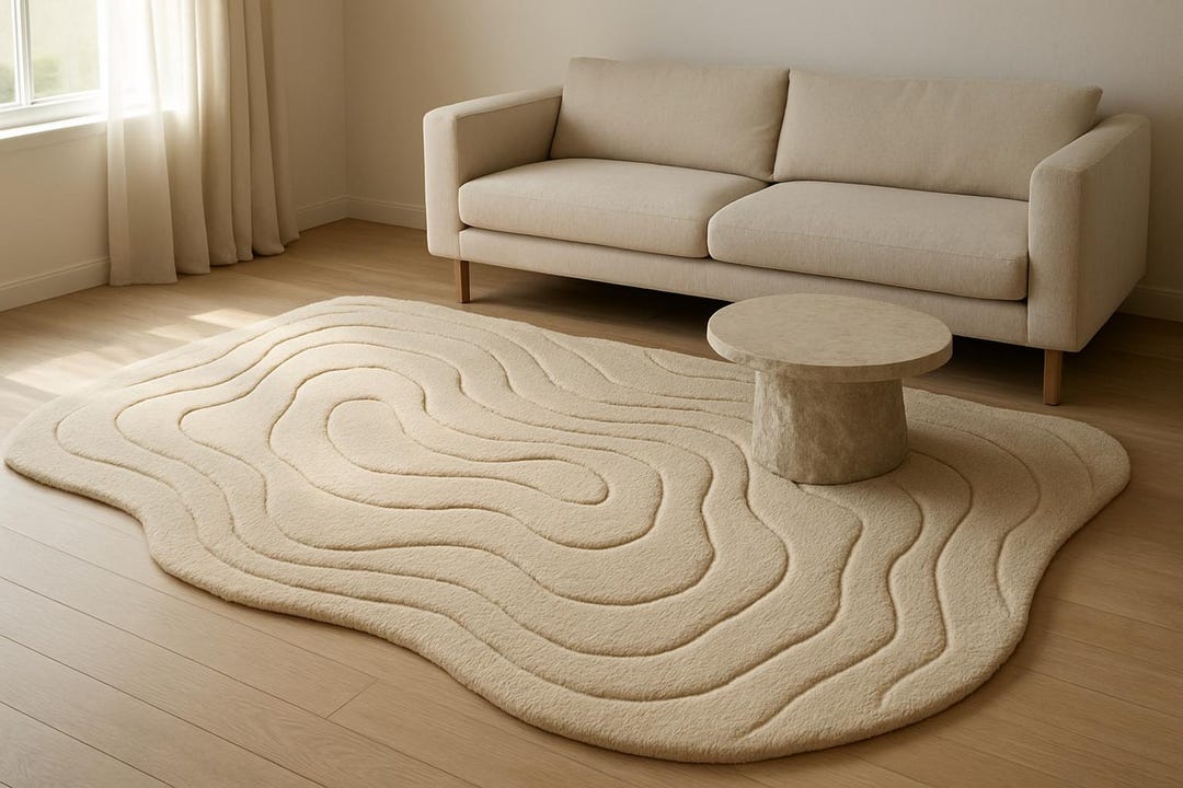 Modern Minimal Cream Wool Carpet | Abstract Irregular Rug for Living ...