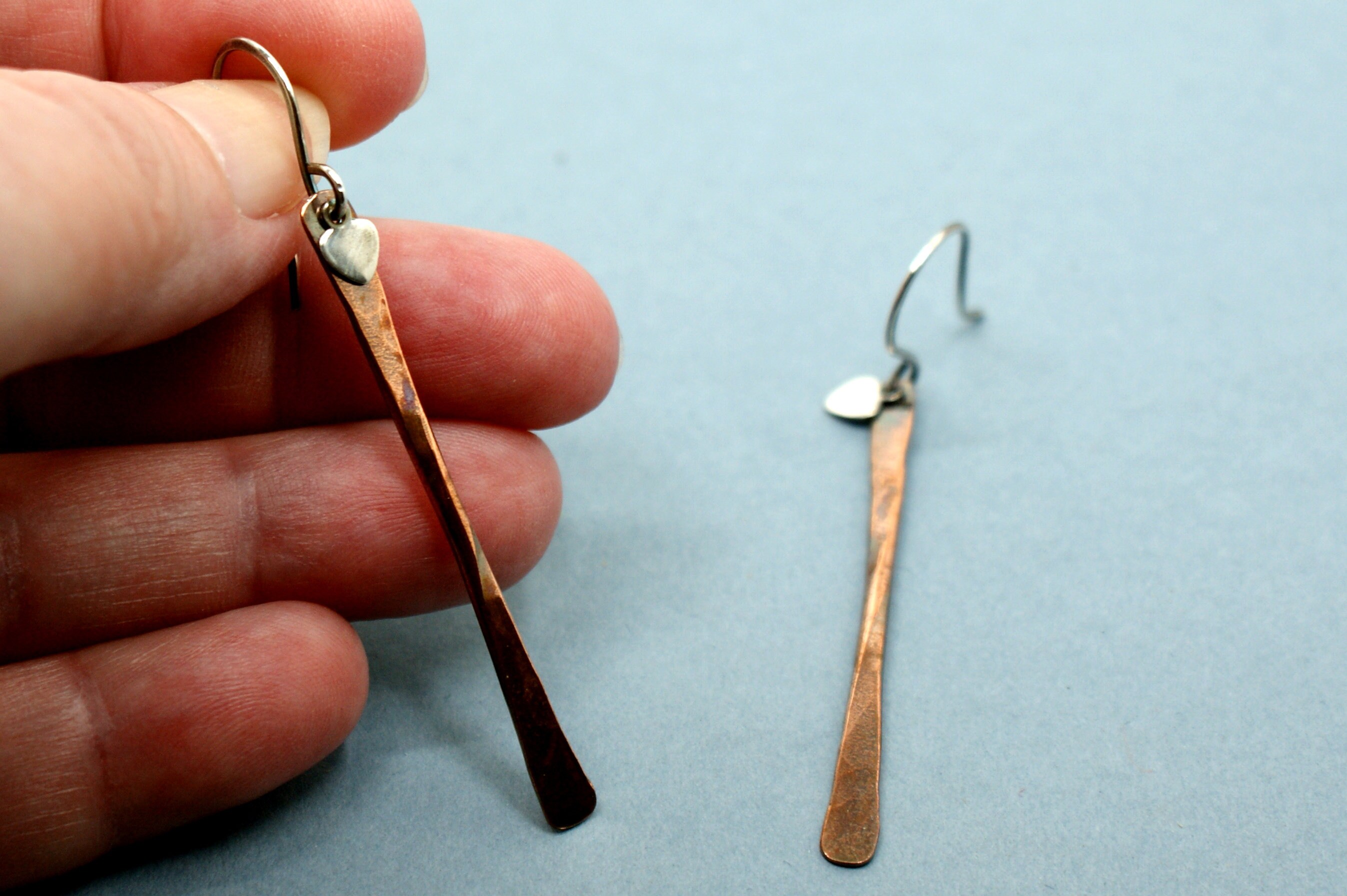 Bar Drop Earrings in Oxidised Copper With Silver Heart Detail - Etsy