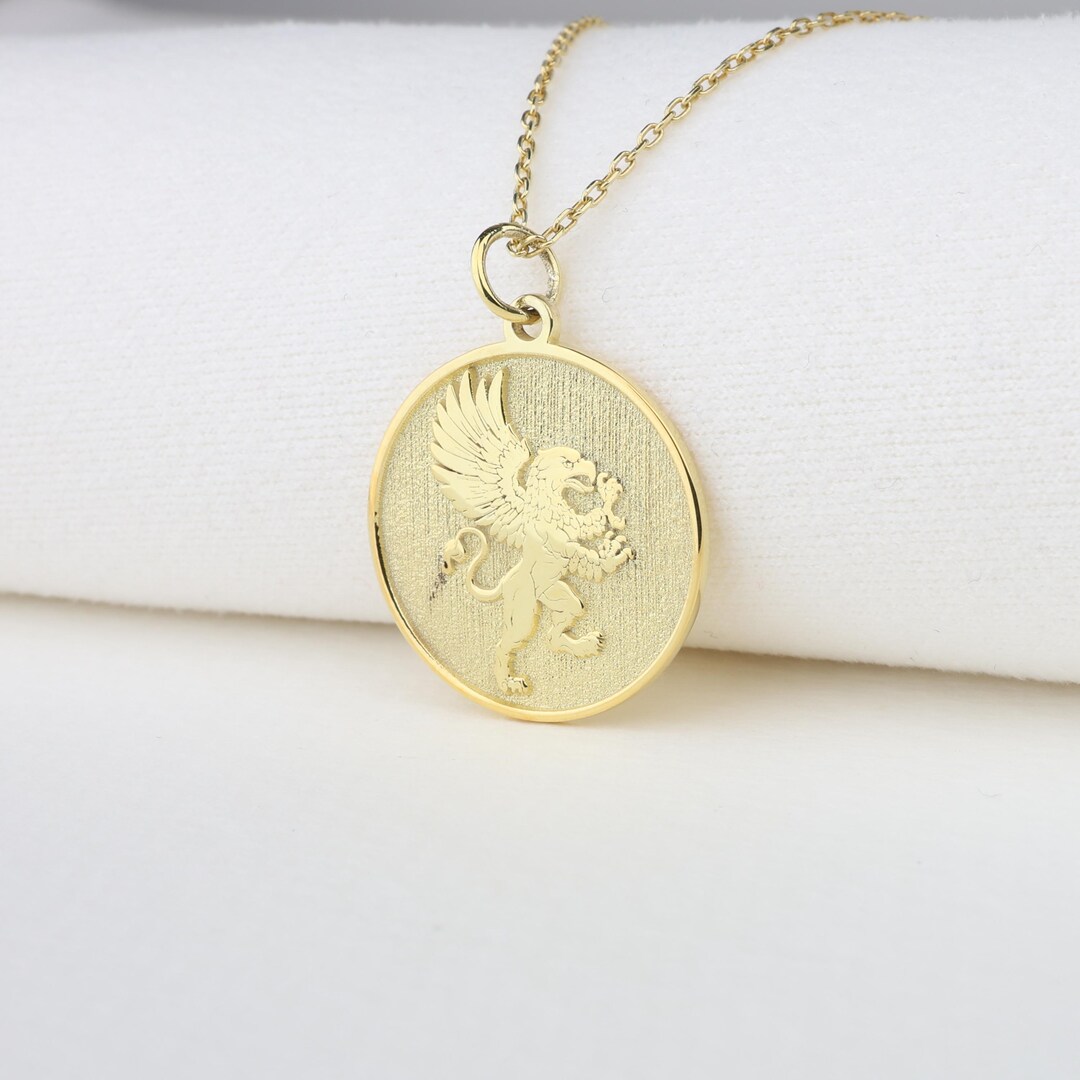 14k Solid Gold Griffin Necklace, Personalized Griffin Pendant, Gryphon ...