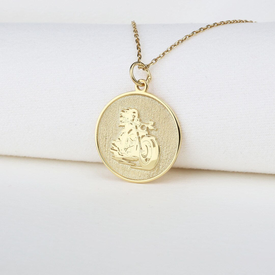 14k Gold Biker Girl Necklace, Custom Engraved Pendant - Etsy