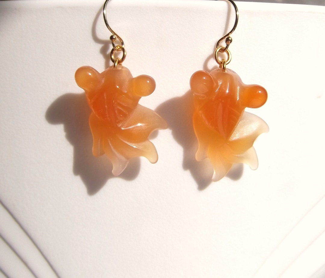 Hand Carved Apricot Agate Fantail Goldfish Earrings - Etsy