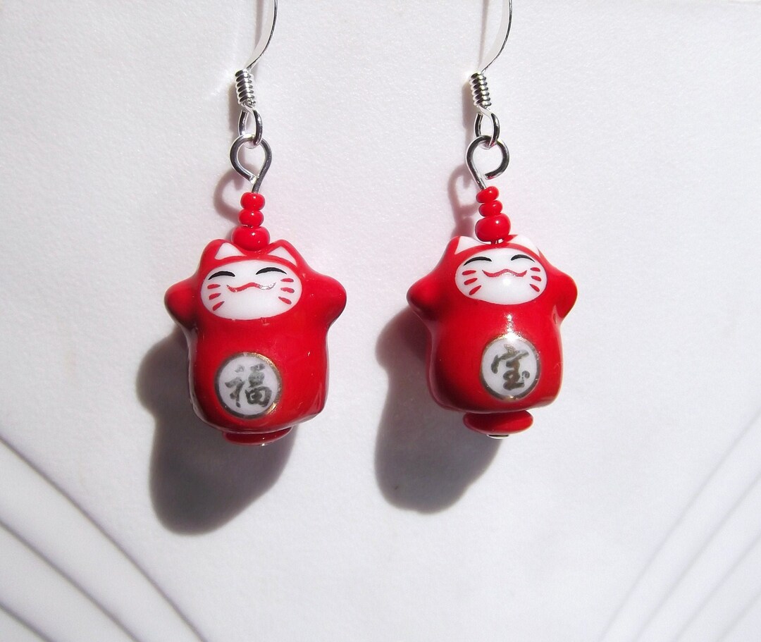 Red Maneki Neko Japanese Lucky Cat Earrings - Etsy