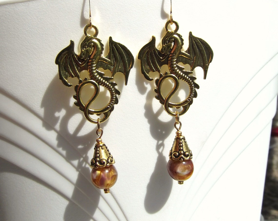 Dragon Fantasy Golden Flying Dragon Earrings | Etsy