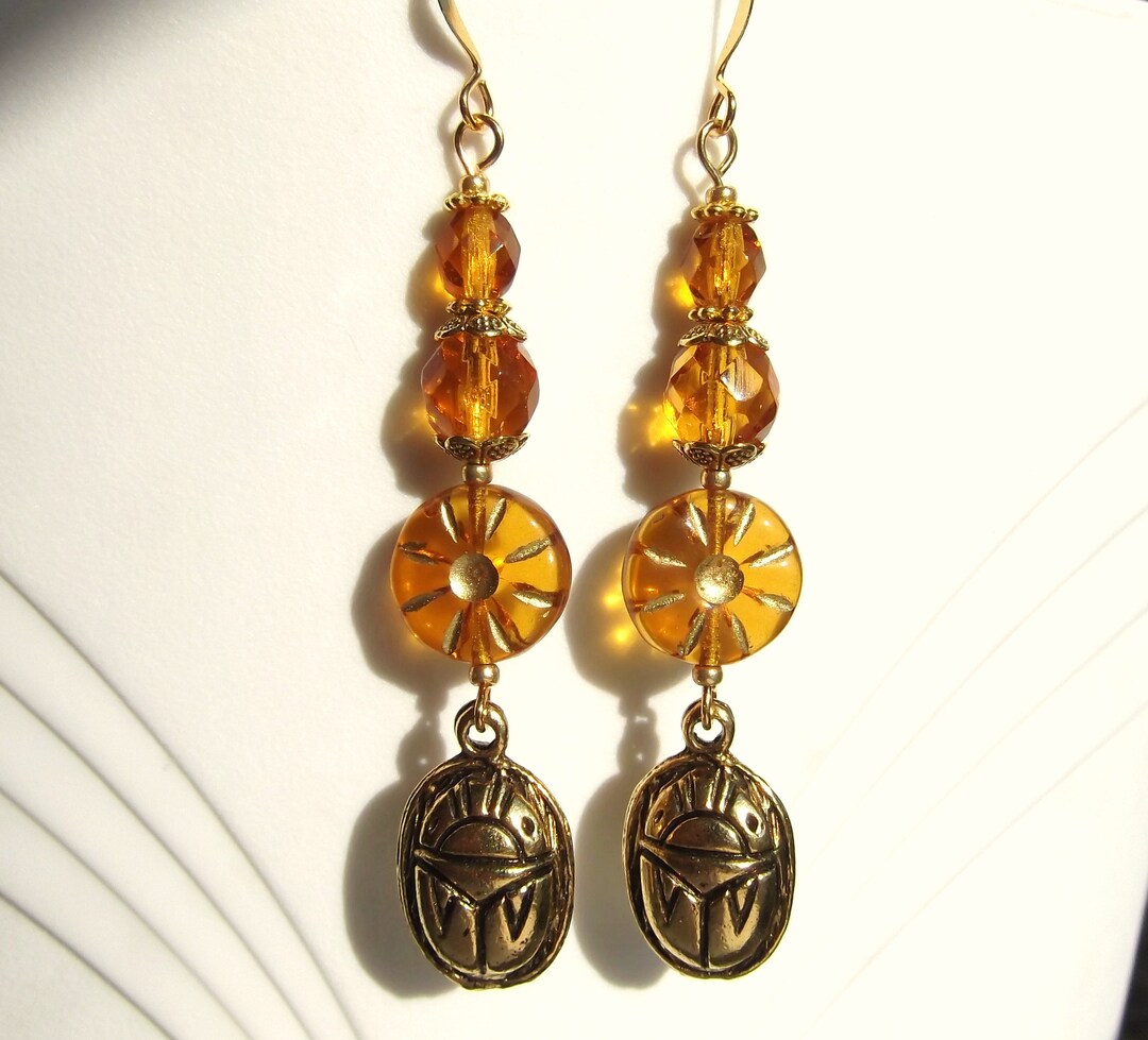 Egyptian Revival Gold Scarab Aten Disc Dangle Earrings - Etsy