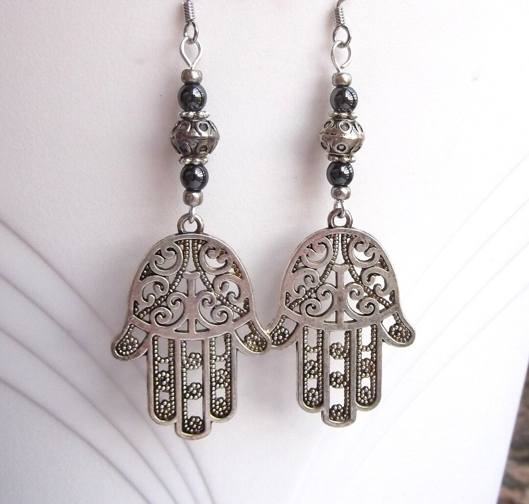 Hamsa Hand Silver Filigree Hand of Fatima Hematite Dangle Earrings - Etsy