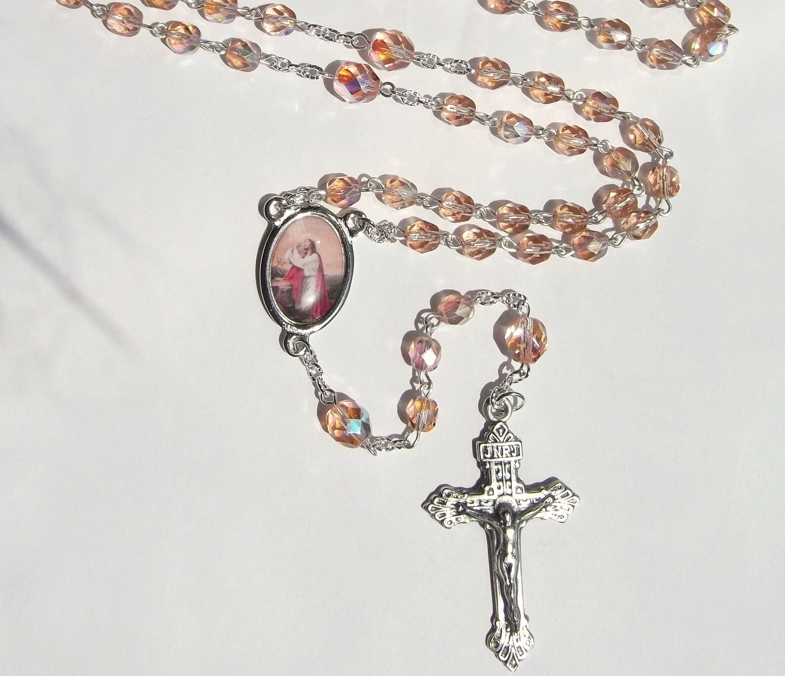 Jesus Praying Rose Peach AB Glass Bead Handmade Rosary - Etsy
