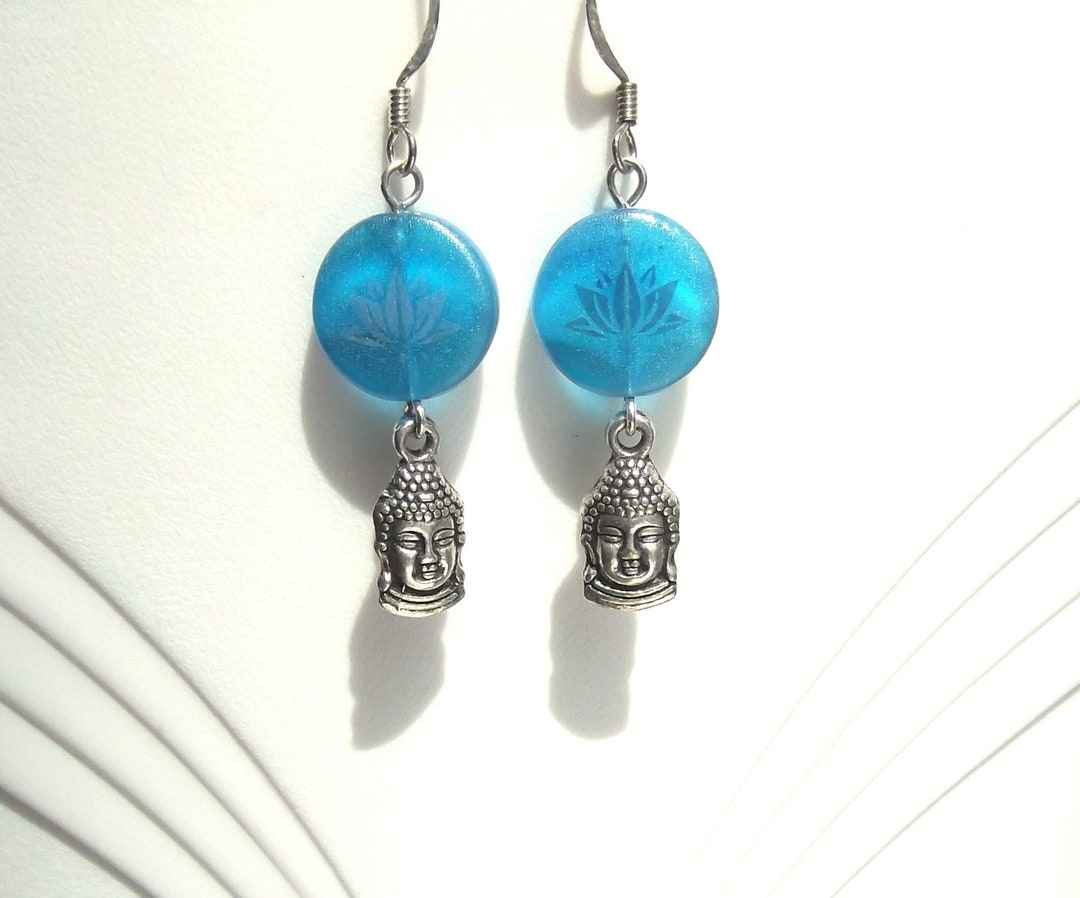 Blue Glass Etched Lotus Bead and Silver Buddha Head Earrings - Etsy