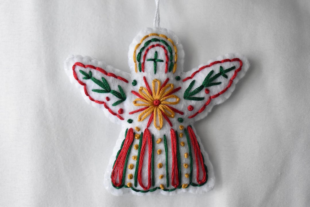 Hand-embroidered Red and Green Felt Angel Ornament, Christmas Tree ...