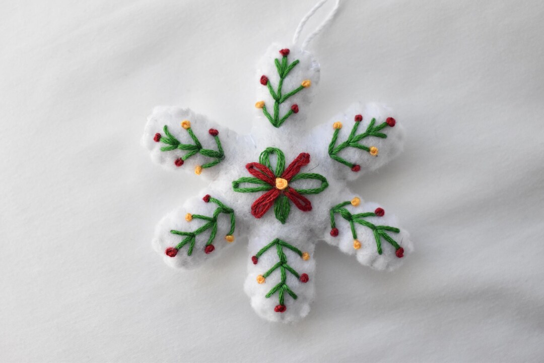 Red & Green Snowflake Ornament, Embroidered Snowflake Ornament, Festive ...