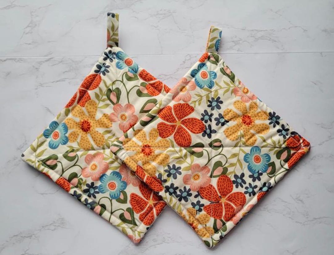 Vibrant Colorful Floral Pot Holders, Kitchen Hot Pads, Spring Kitchen ...