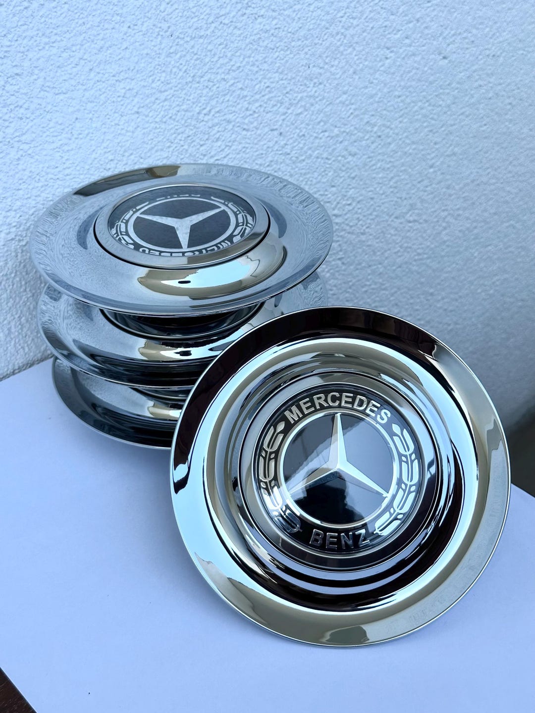 Set of 4 Mercedes Benz Chrome Silver Ghost Floating Center Caps Wheel ...