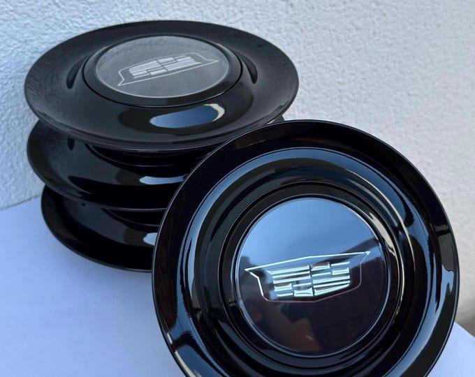 Set of 4 Cadillac Spinning Full Black Floating Wheel Hub Center Cap ...