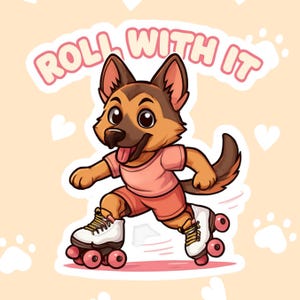 German Shepherd Roller Skating Sticker Roll With It Kiss Cut Sticker ...