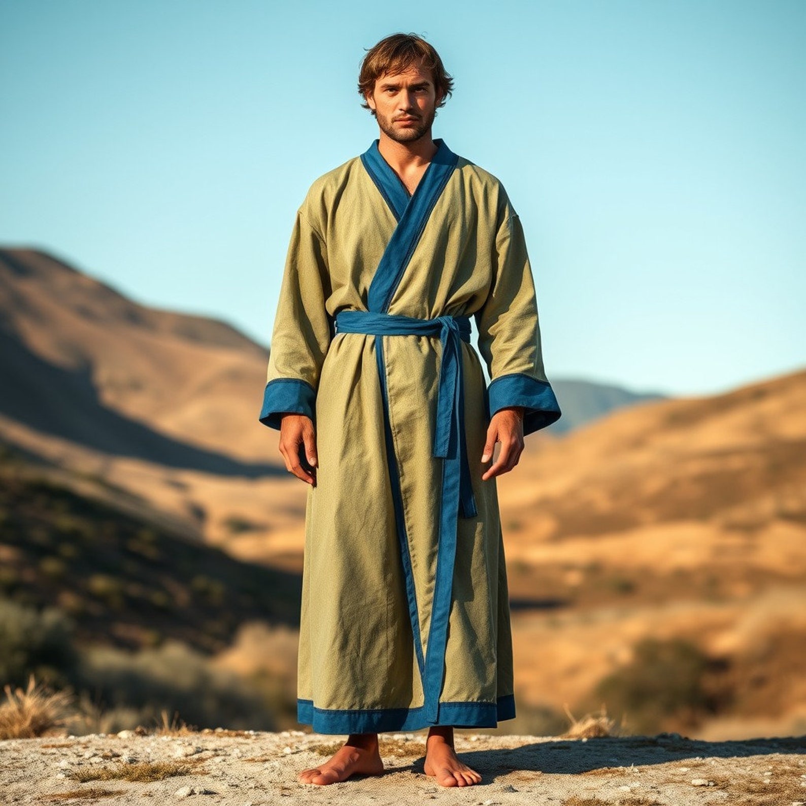 Medieval Men's Kimono Style Robe | Green and Blue Full-length Wrap ...