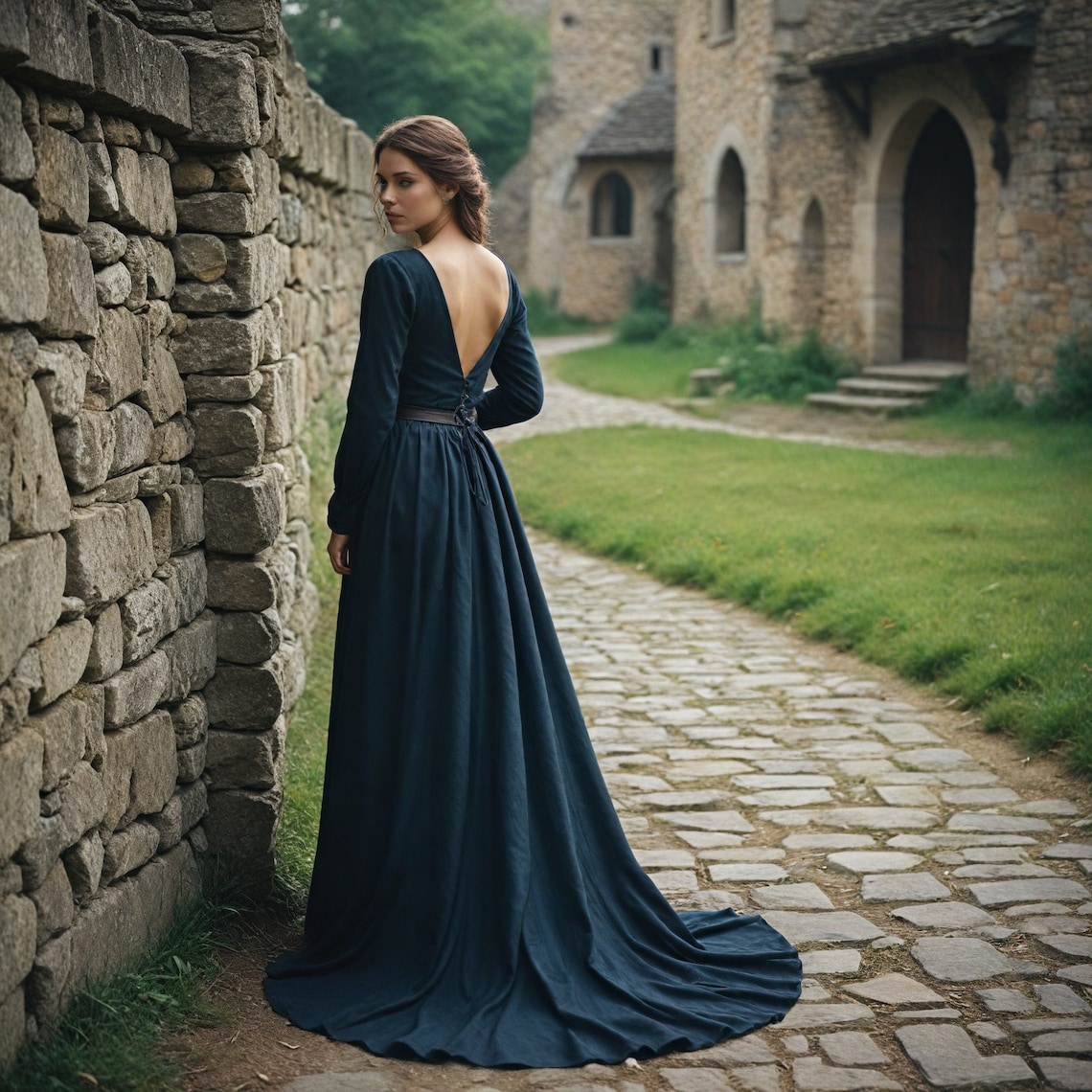 Medieval Renaissance Long-sleeve Gown | Elegant Full-length Dress ...