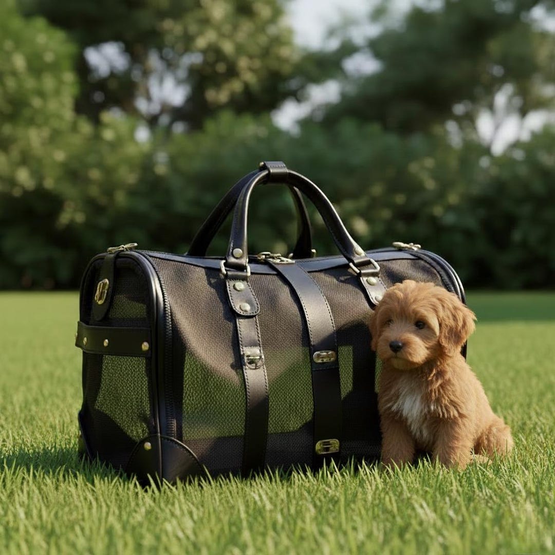 Black Leather Pet Carrier With Wide Mesh Panels | Premium Travel Bag ...