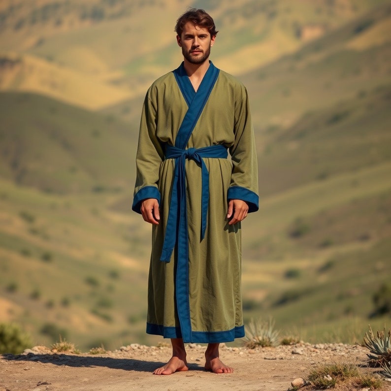 Medieval Men's Kimono Style Robe | Green and Blue Full-length Wrap ...