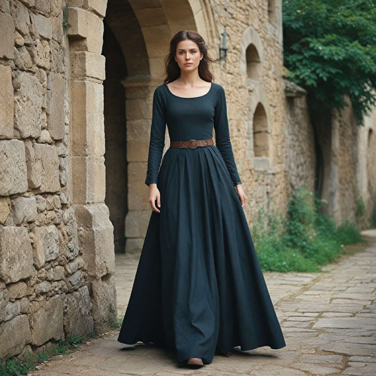Medieval Renaissance Long-sleeve Gown | Elegant Full-length Dress ...