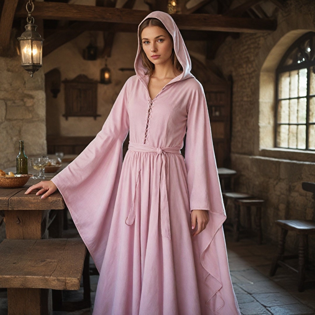 Medieval Hooded Renaissance Gown | Pink Flowing Robe for Women| Fantasy ...