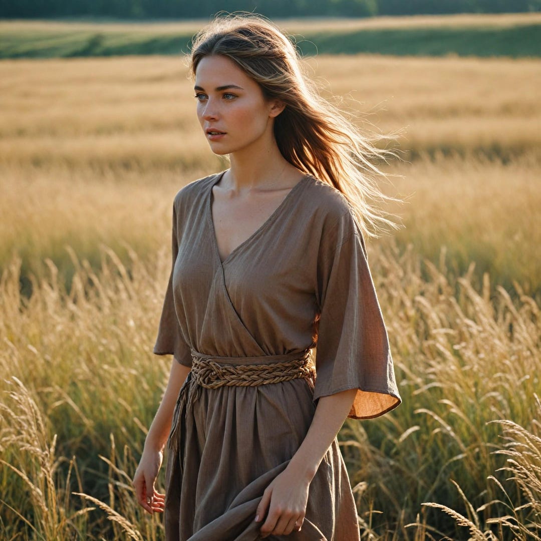 Rustic Boho Maxi Dress Taupe V-neck Wrap Gown With Braided Belt ...