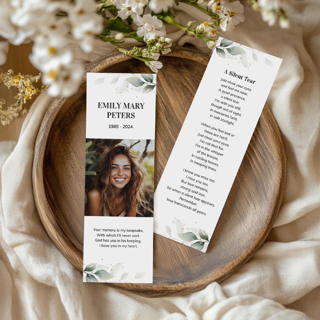 Greenery Funeral Bookmark Template Personalised Photo Funeral Favour ...