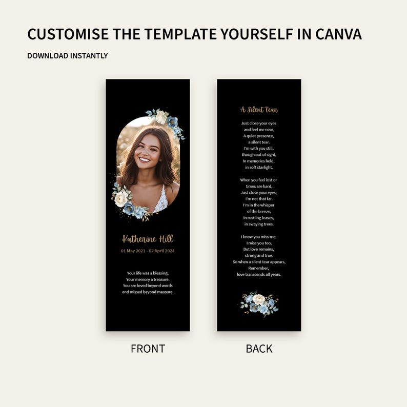 Editable Funeral Bookmark Template Printable Memorial Keepsake ...