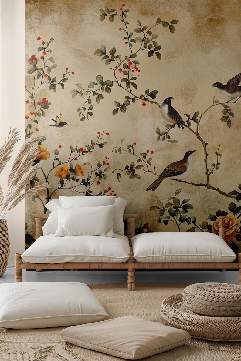 Chinoiserie Bird Floral Wallpaper, Chinoiserie Wallpaper for Home ...