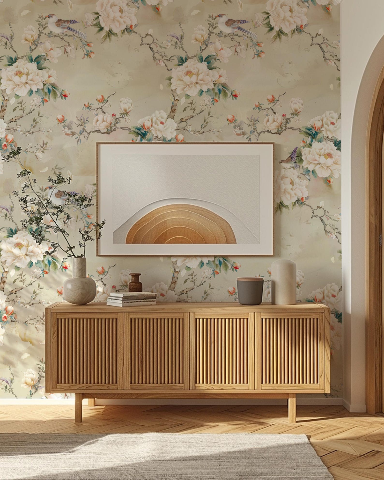 Chinoiserie Bird and Flower Wallpaper, Cream Peony, Asian Botanical ...
