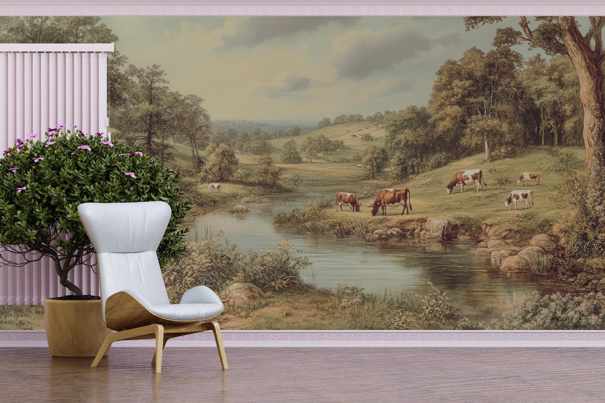 Rustic Pastoral Farm Wall Mural, Vintage Countryside Landscape With ...