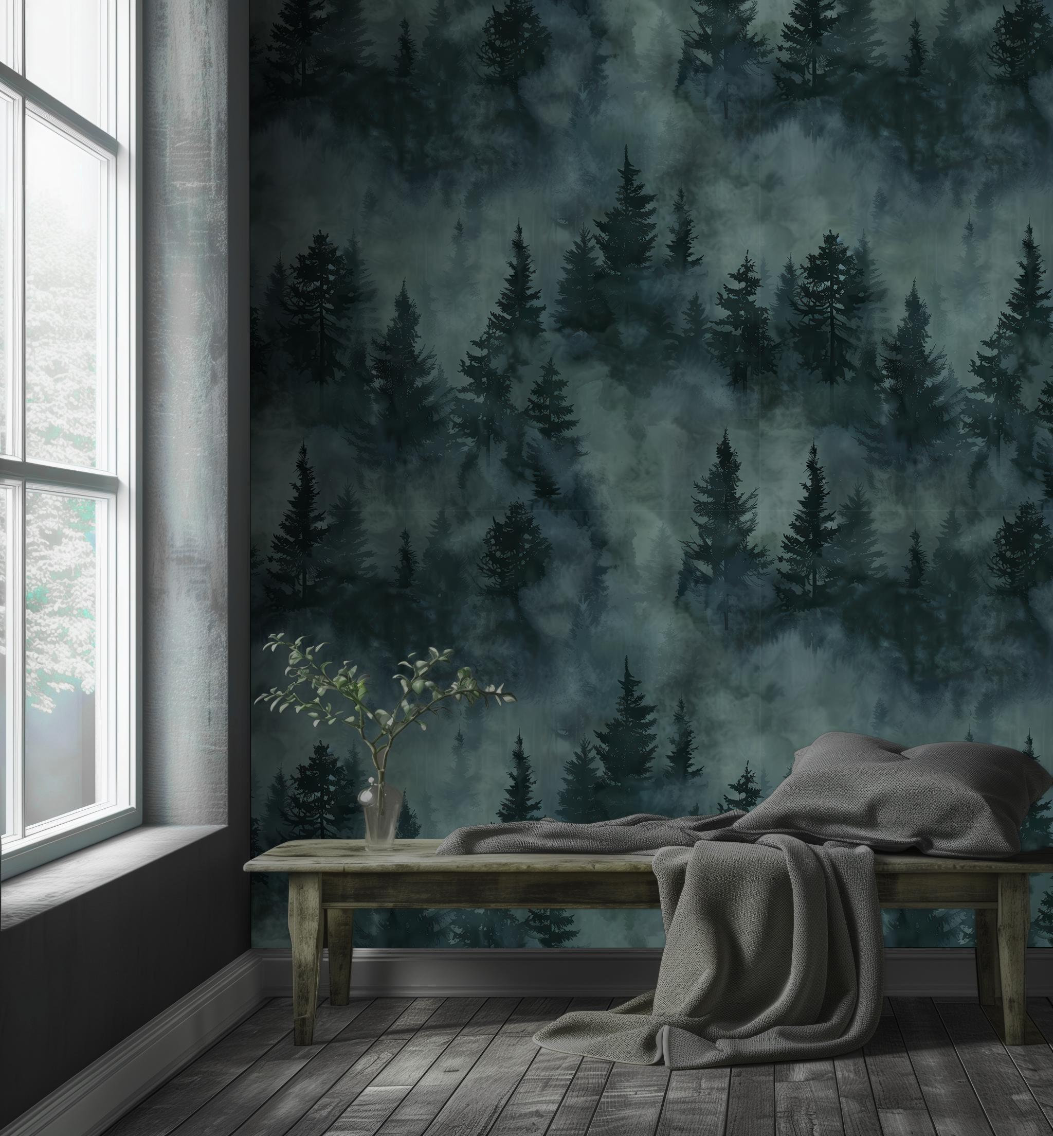 Green Forest Mist Wallpaper, Peel and Stick, Woodland Wall Mural - Etsy