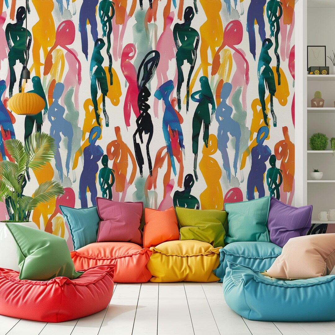 Modern Pop Art Wallpaper, Bold Multicolor Figure Design, Peel and Stick ...