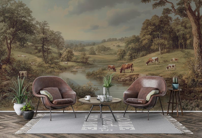 Rustic Pastoral Farm Wall Mural, Vintage Countryside Landscape With ...