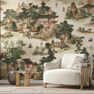Chinoiserie Vintage Asian Landscape Wallpaper, Peel and Stick Landscape ...