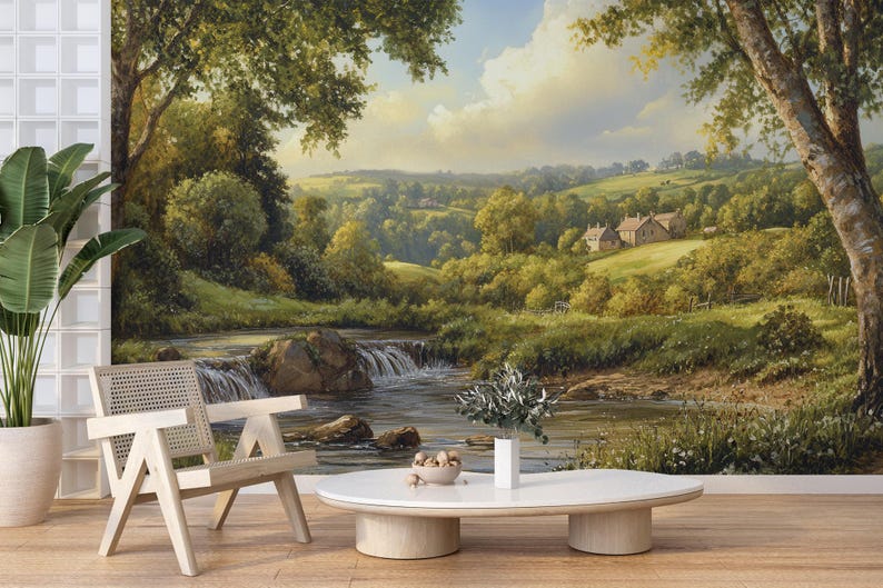 Peaceful English Countryside Wallpaper Mural – Rustic River Landscape ...