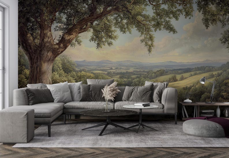 Vintage Tree Landscape Wall Mural, Romantic European Countryside View ...