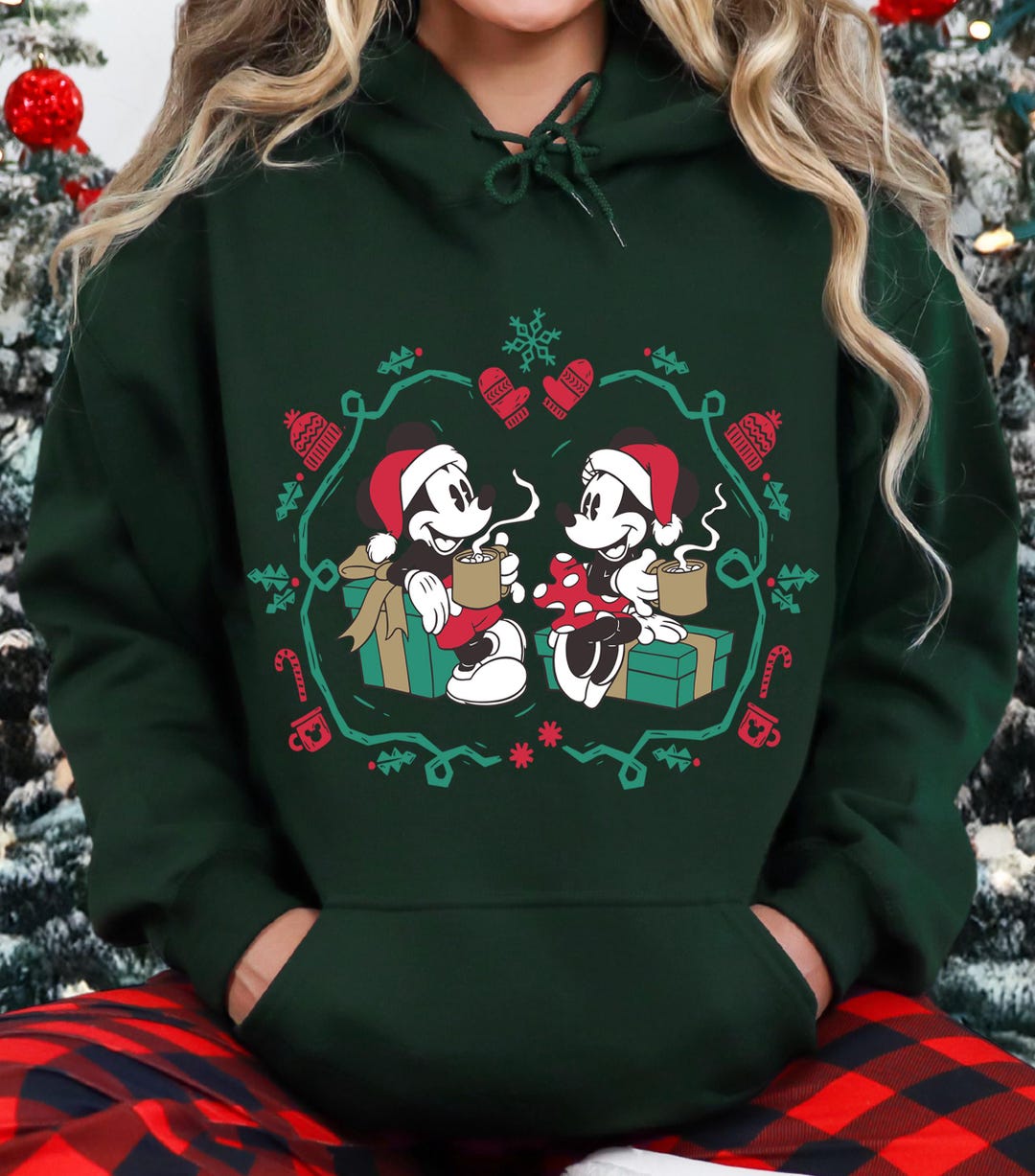 Mickey and Minnie Mouse Drinking Coffee Christmas Hoodie Cozy Festive ...